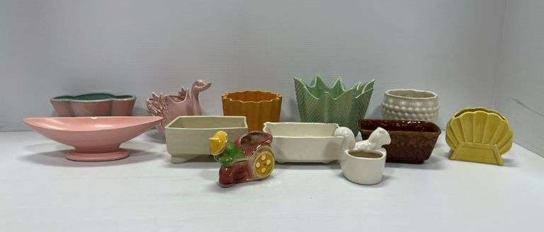 Various planters, include: Green 1708 USA, Orange 210, white unmarked ...