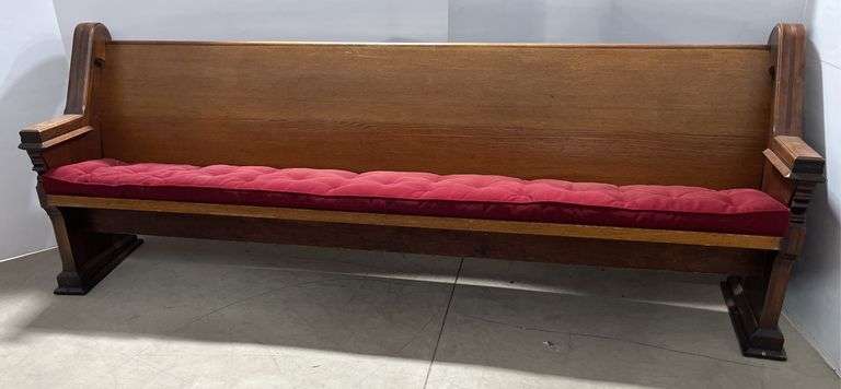 Church pew, 100"L x 22 1/2"D x 34 1/2"H, has cushion on seat, ornate ...
