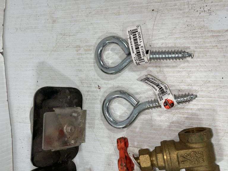 (8) Eye bolt hooks, some new; (1) 1/2" flow valve, all in good ...