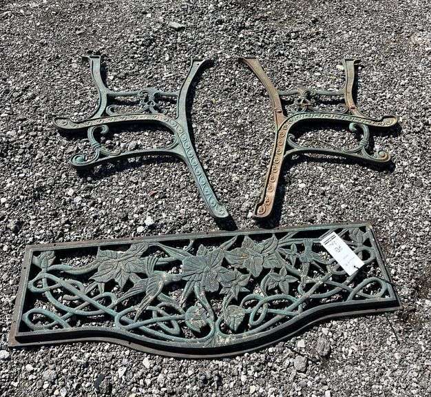 Metal bench ends with back, 36"W x 48"L, used - Albrecht Auction Service