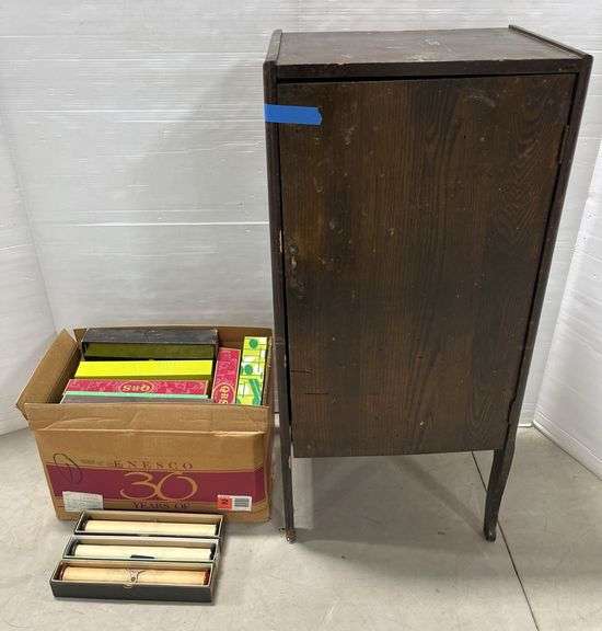 Player piano storage cabinet, includes box of songs, has wear, 18"W x ...