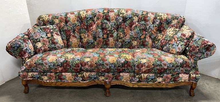Victorian inspired couch with oak trim, two matching pillows, and arm ...