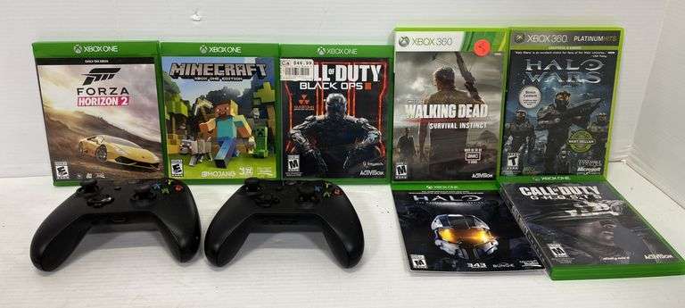 Xbox lot, includes: (2) Xbox One controllers, (6) Games, and (1 ...