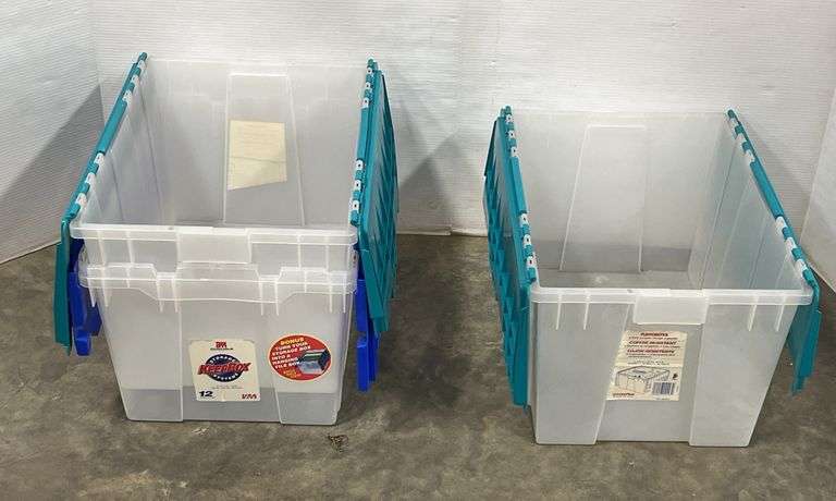 (3) Commercial style storage totes with flip tops, 12-gallon, great ...