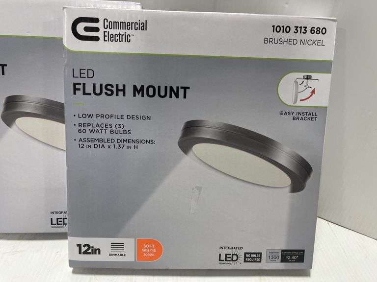 (2) Commercial electric 12" LED flush mount light fixtures, low profile design is brushed nickel ...