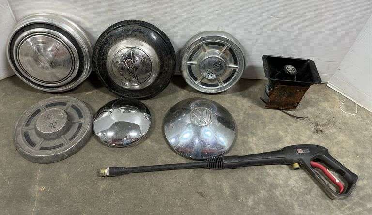 (2) Corvette hubcaps, V8 hubcap, Volkswagen hubcap, Moon hubcap, chrome ...