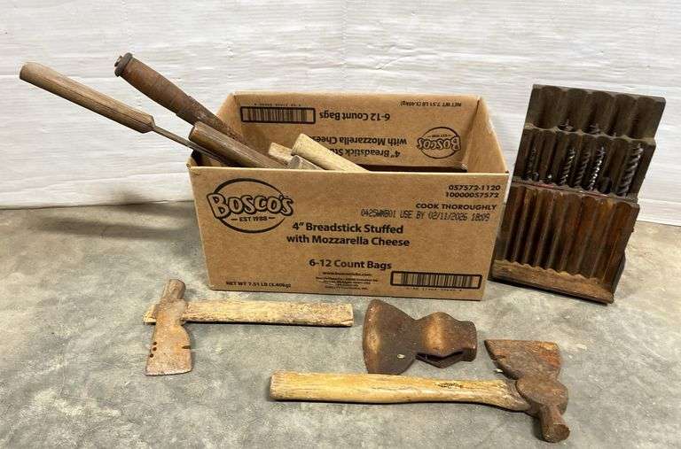 Machete, 19"L; Meat cleaver; (6) Hammer hatchet; (2) Axe heads; Wood ...
