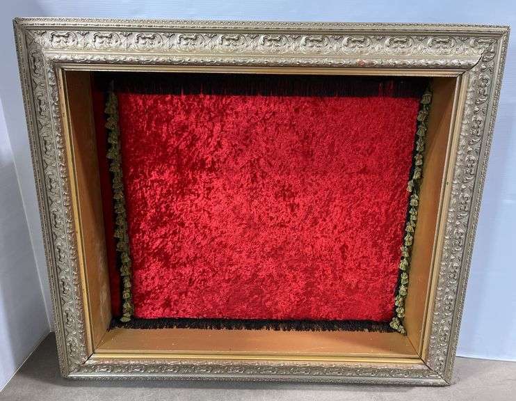 Older large display frame with red felt, 44"W x 39"H, frame has wear ...