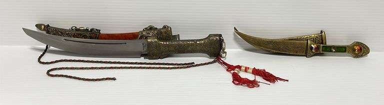 (2) Jeweled decorative daggers with sheaths, very ornate, 10", missing ...