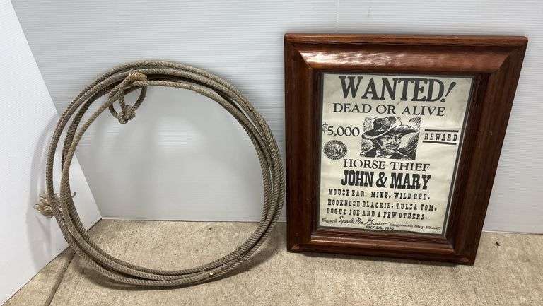 Cowboy Lariat for roping and tricks, NOS; Wood frame with wanted poster ...