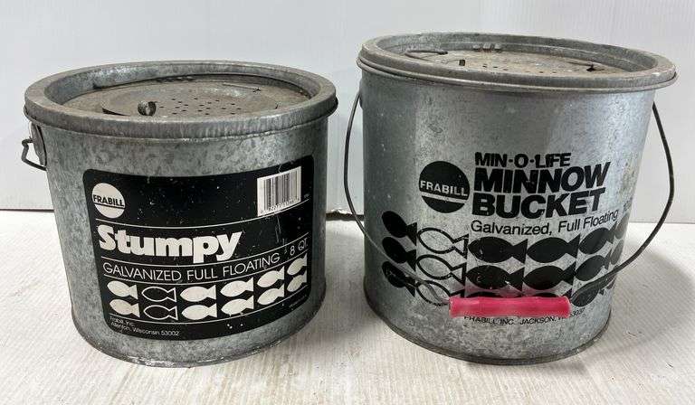 (2) Bait buckets: Frabill and Galvanized, full floating, 10-quart and 8 ...