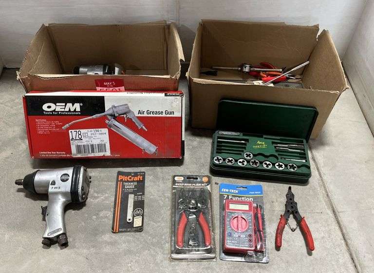 (2) Boxes of tools, includes: (2) Impacts, 1- is new; Grinder, new ...