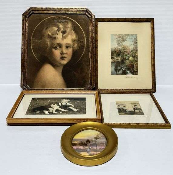 (5) Antique artwork prints and photos framed, 2- from well known artist ...