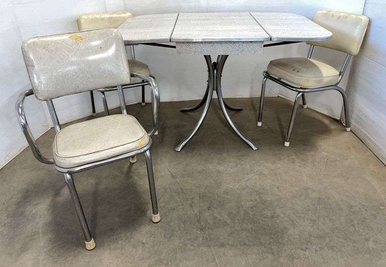Mid-century drop-side chrome laminate dining table with (3) Chairs: 1 ...