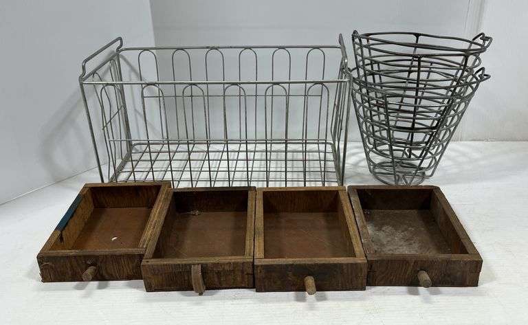 Wire rectangular basket, 17"W x 8"D x 9 1/2"H, nice shape; (2) Wire ...