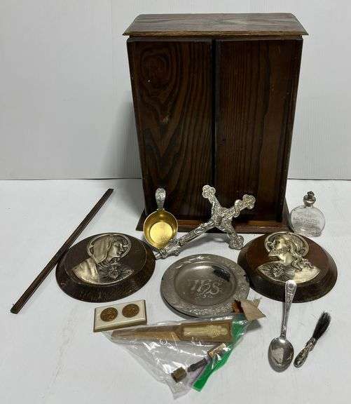 Religious Catholic items, in wood box- 15"H - Albrecht Auction Service