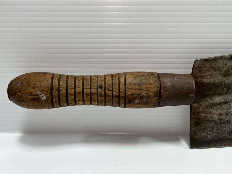 (2) Antique butcher meat cleavers with original wooden handles: 1- WM ...