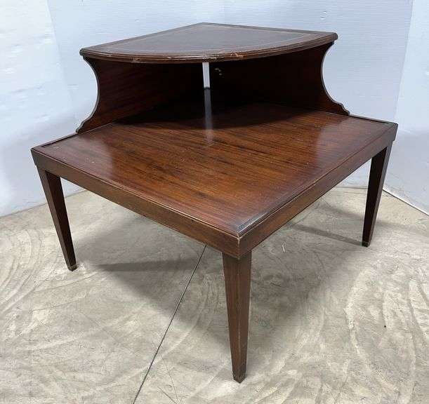 Two-tiered corner table, 30"W x 30"D x 26"H, has scratches, wear on ...