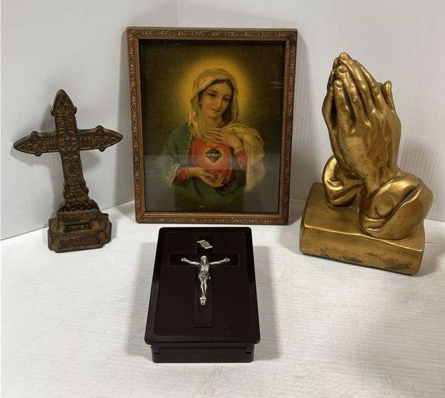 Priest's sick call kit; Blessed Mother picture, 8" x 10"; Ceramic ...