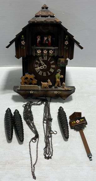 Cuckoo clock, 12"W, functions and works but stops, needs sync, good ...