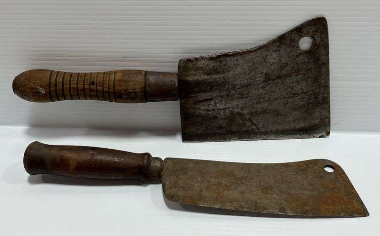 (2) Antique butcher meat cleavers with original wooden handles: 1- WM ...