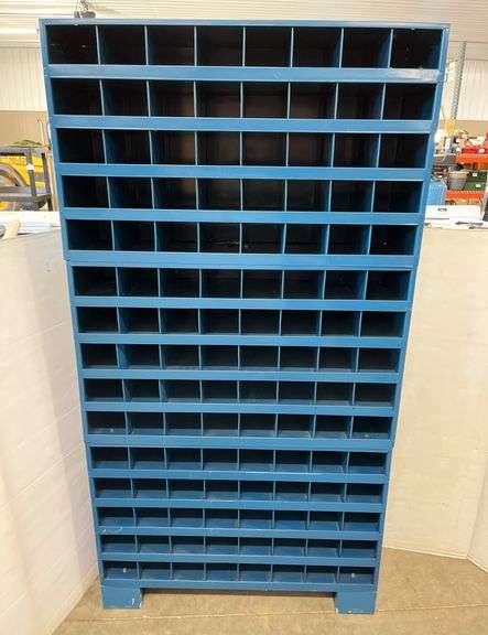 96-Place bolt bin, 35"W x 12"D x 67"H, like new - Albrecht Auction Service