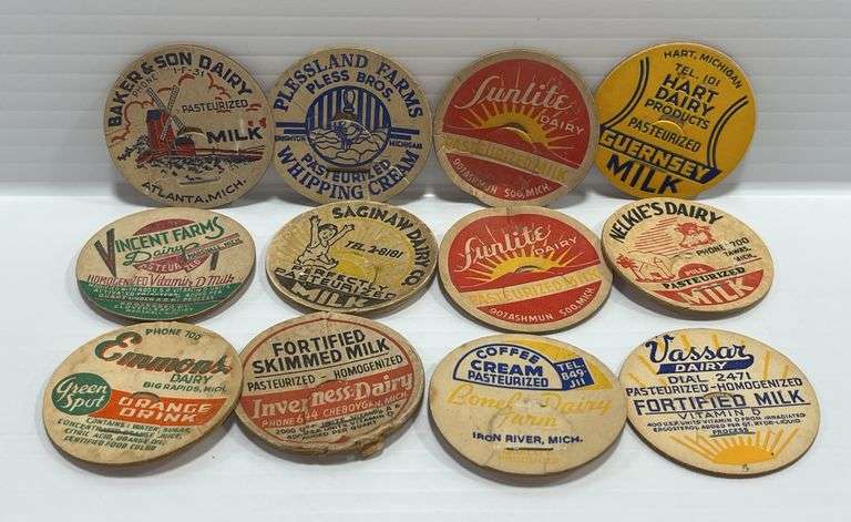 (12) Cardboard milk bottle caps from various Michigan dairies in the ...