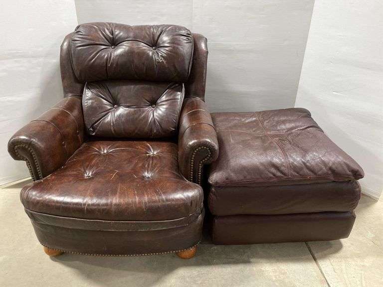 Leather arm chair with non-matching ottoman, 20"W x 14"H to seat, both ...