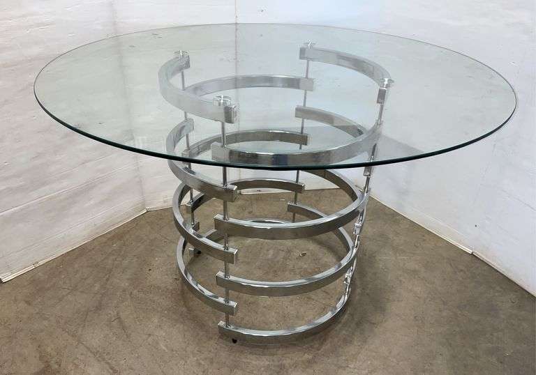Dining table with glass top and metal geometric table base, 47"Dia x 31 ...