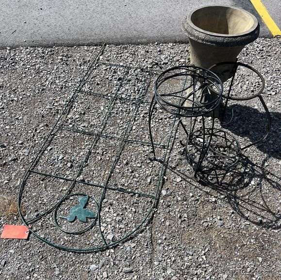 Trophy pot, (3) Iron plant stands, and Trellis, up to 68"H - Albrecht ...