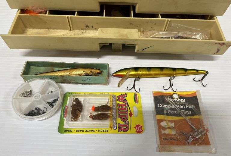 Plano 707 tackle box filled with tackle, 15" x 8" x 8", good - Albrecht ...