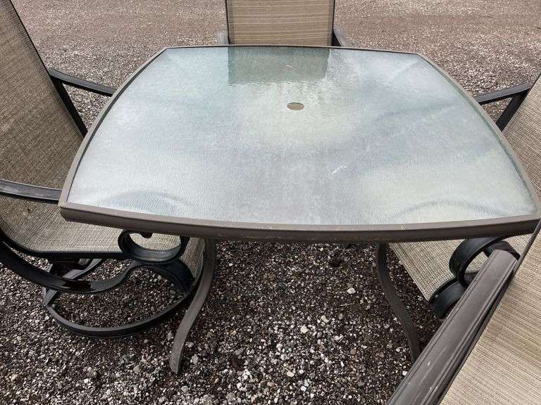Square patio table with glass top, and (4) chairs, table- 42" x 42 ...