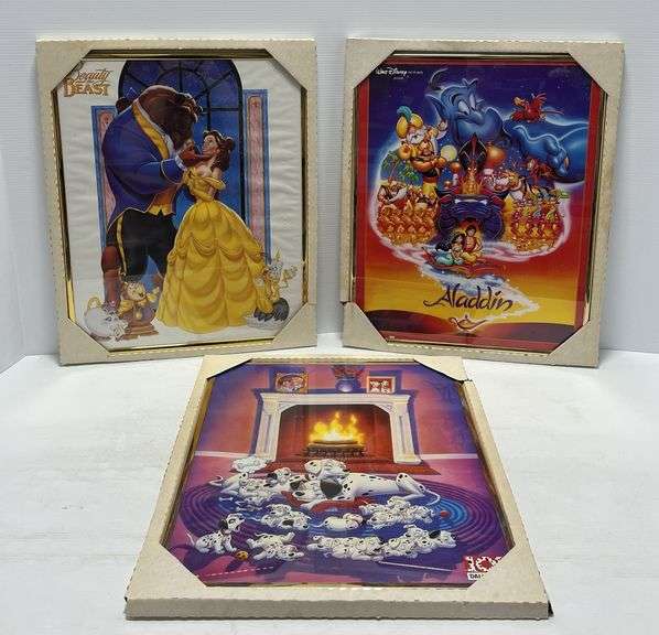 (3) Walt Disney framed pictures, 16" x 20", includes Aladdin, Beauty and the Beast, 101 ...