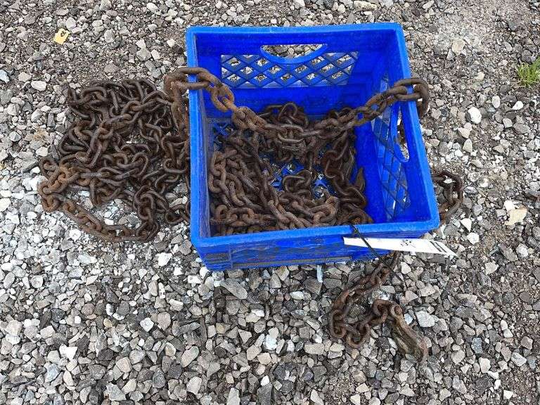 Milk crate with (2) 3/8 high tensile chains, 20' each, good shape ...