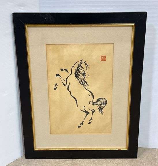 Asian Lithograph of horse, red chop signature, black wood frame with ...