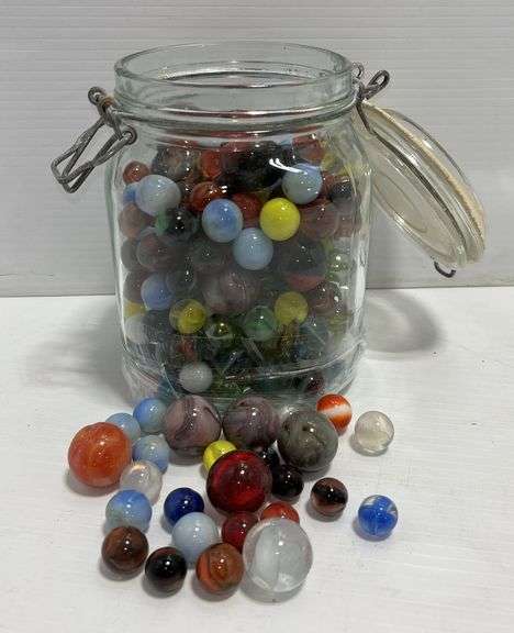 Jar of several hundred old marbles, jar- 6"H, many marbles are ...
