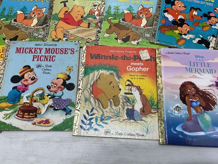 (20) Vintage Little Golden Books with golden spines: D117 Pooh, 100-5 Mickey, 206-2 Caboose, 305 ...