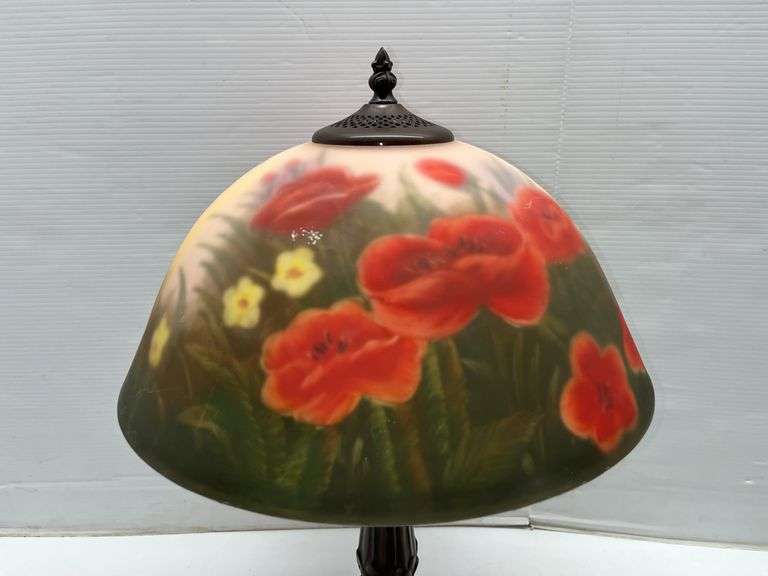 Older reverse hand painted lamp with wood base, red and orange poppy ...