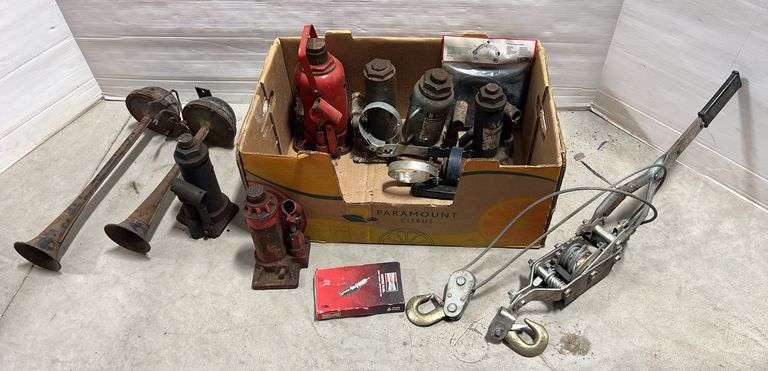 (6) Bottle jacks no handles, chain binder, oil filter wrenches, hitch ...