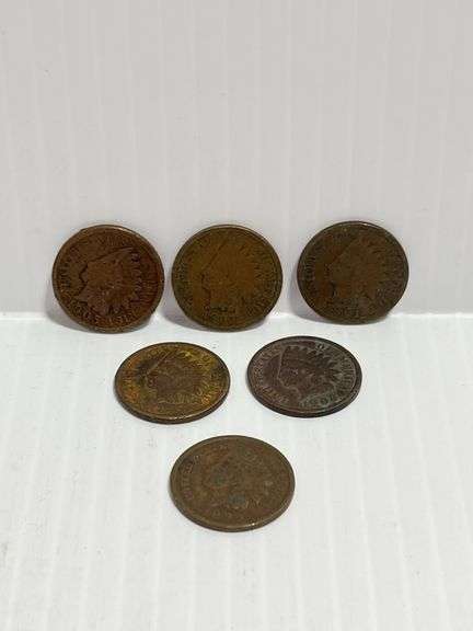 (6) Indian head pennies, includes: 1901, 1903, 1906, 1905, 1899, and ...