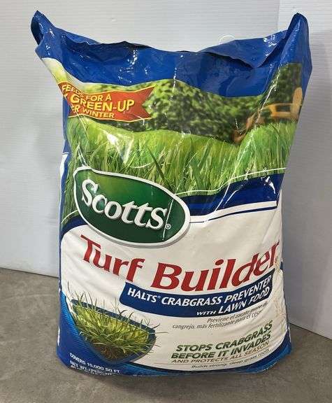Full bag of turf builder, by Scotts, new - Albrecht Auction Service