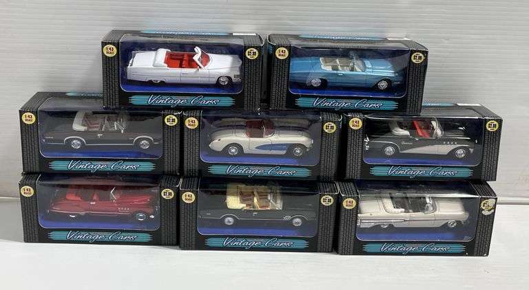 Boxed die-cast models, include: 1966 Cutlass, 1966 Thunderbird, 1976 ...