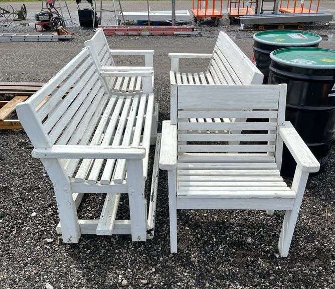 (2) Wood benches: 1- Glider/rocking bench style, both 5'L; (2) Chairs ...
