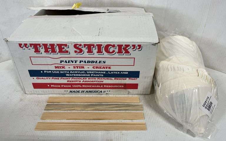 Large box of paint mix sticks, and Pack of PPG paint filters, new ...