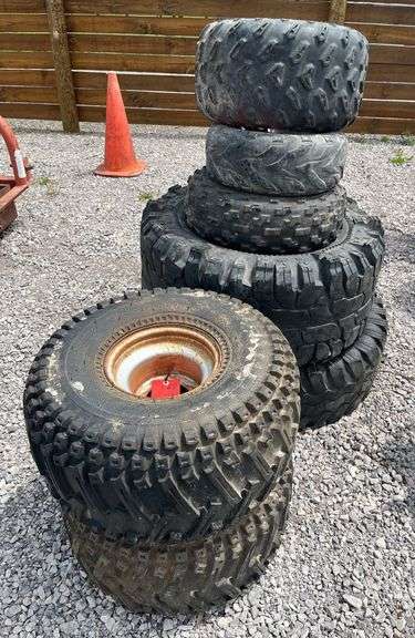 (7) Tires: One- 5-Lug Dodge truck rim, One- 8-Lug Ford truck rim, Two ...