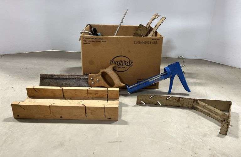 Tool assortment, includes: (4) Caulk guns, excellent; Ace hardware saw ...