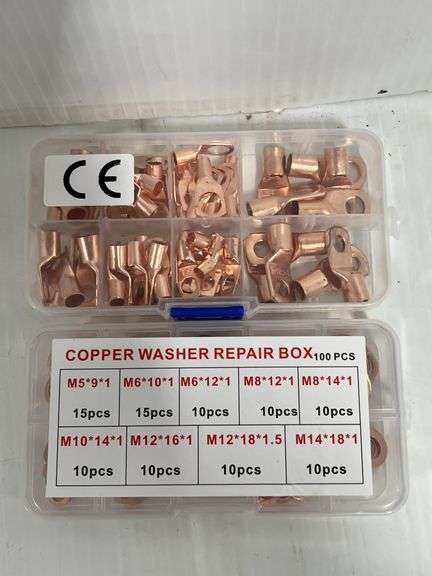 100-Piece copper washer repair box, new; 60-Piece copper wire lugs ...