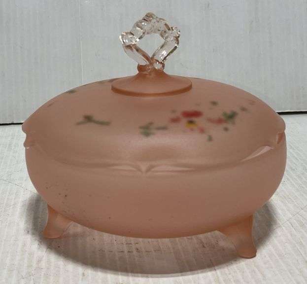 Older powder/candy dish, frosted pink with painted lid, three-legged ...