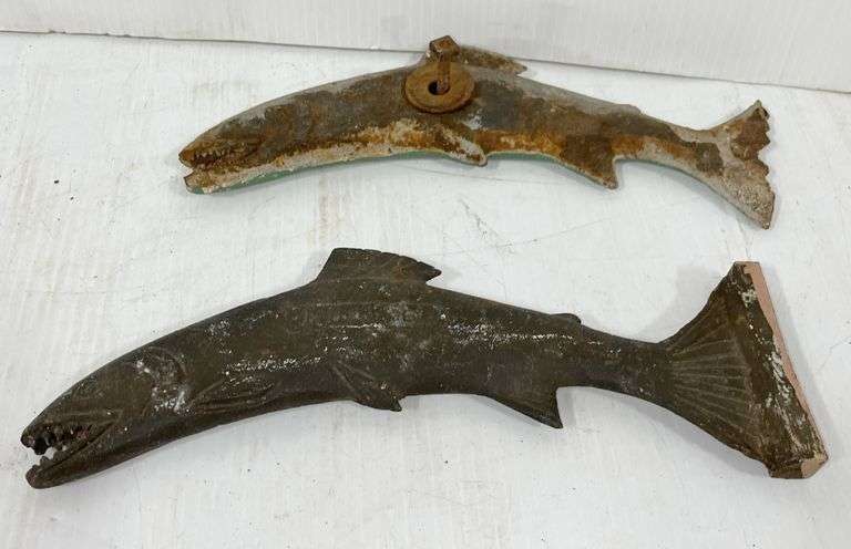(2) Cast iron jumping fish, 3 1/4"W x 12"L and 3 1/4"W x 11"L, no ...