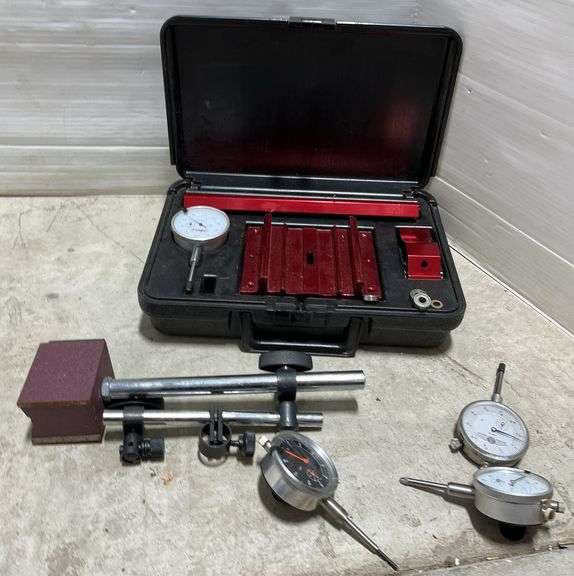 Dial indicator set with case and (3) Dial indicators with magnetic base ...